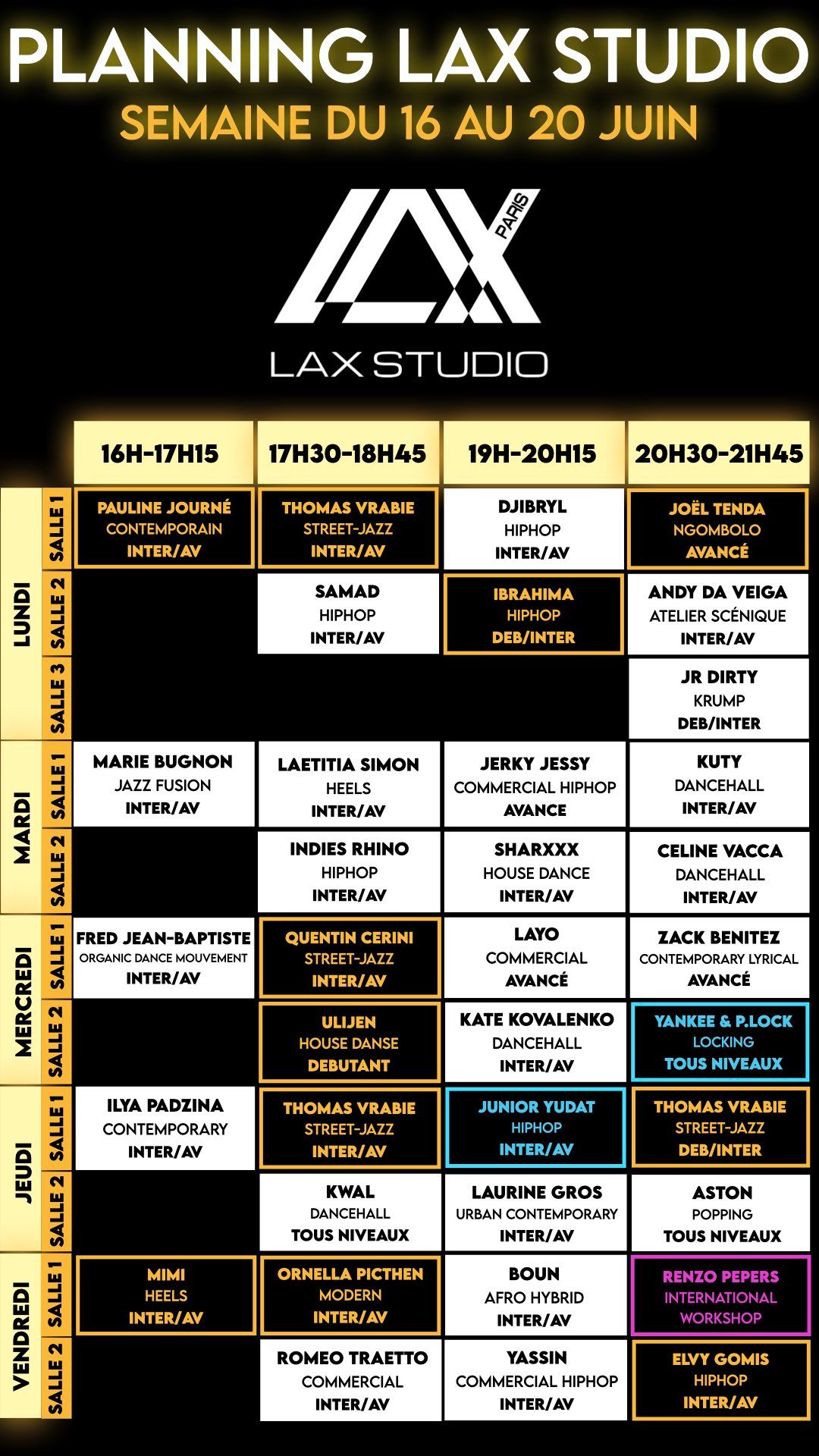 Planning des cours réguliers et Special Classes LAX STUDIO