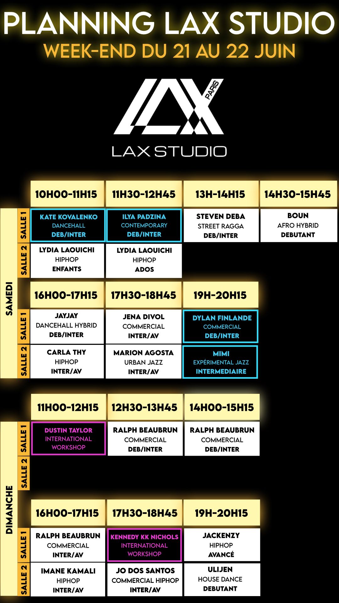 Planning des cours réguliers et Special Classes LAX STUDIO